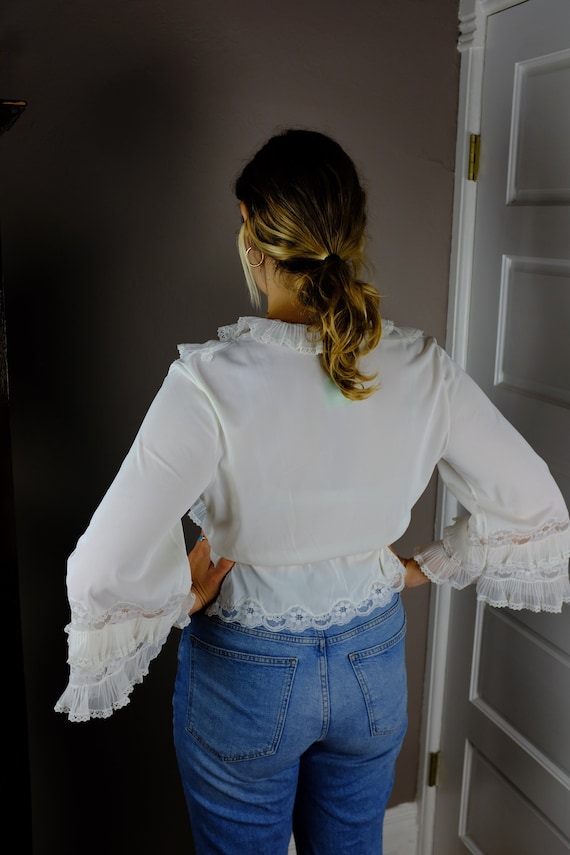 1960s Cream Neo-Edwardian Blouse with Ruffles and Lace - Gem
