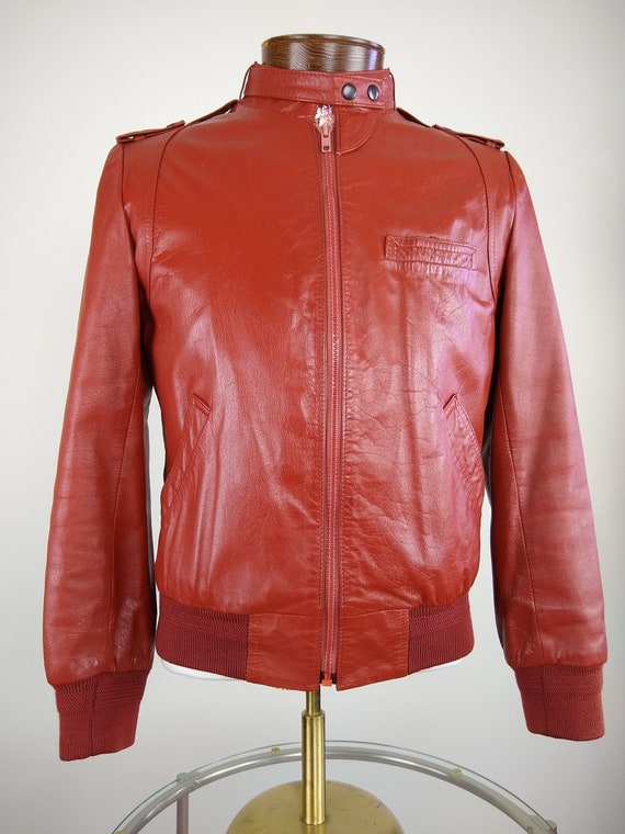 1980s Womens rust leather jacket with band collar, Me… - Gem