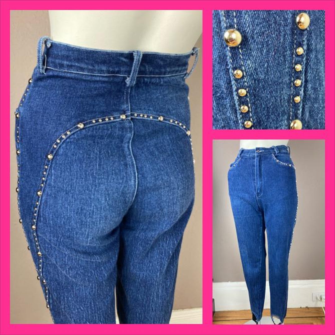 1980s Studded Blue Stretch Denim Stirrup Jeans - Small - Etsy