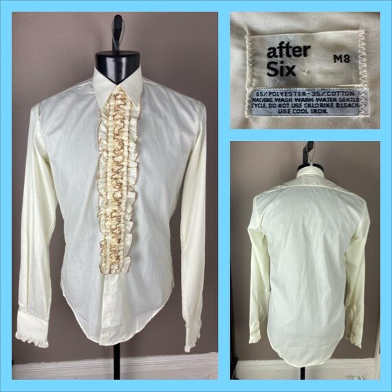 1970s After Six Tall Man Yellow Ruffled Tuxedo Shirt … - Gem