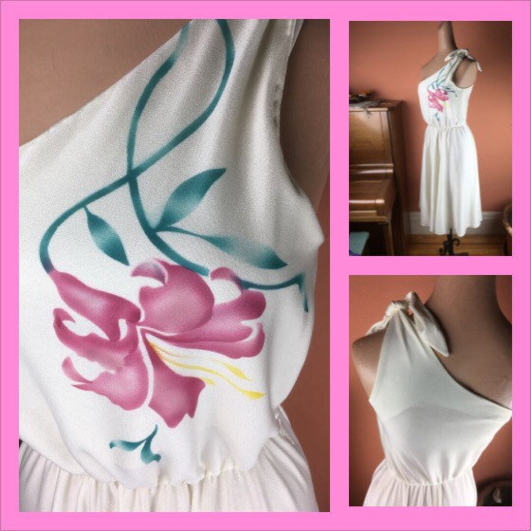 1970s / Early 1980s Cream Handpainted Print Dress / Assymmetrical ...