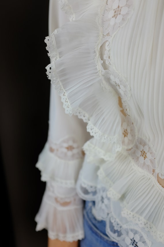 1960s Cream Neo-Edwardian Blouse with Ruffles and Lace - Gem