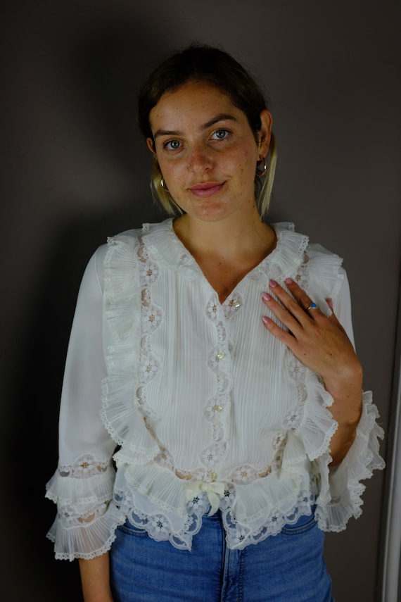 1960s Cream Neo-Edwardian Blouse with Ruffles and Lace - Gem