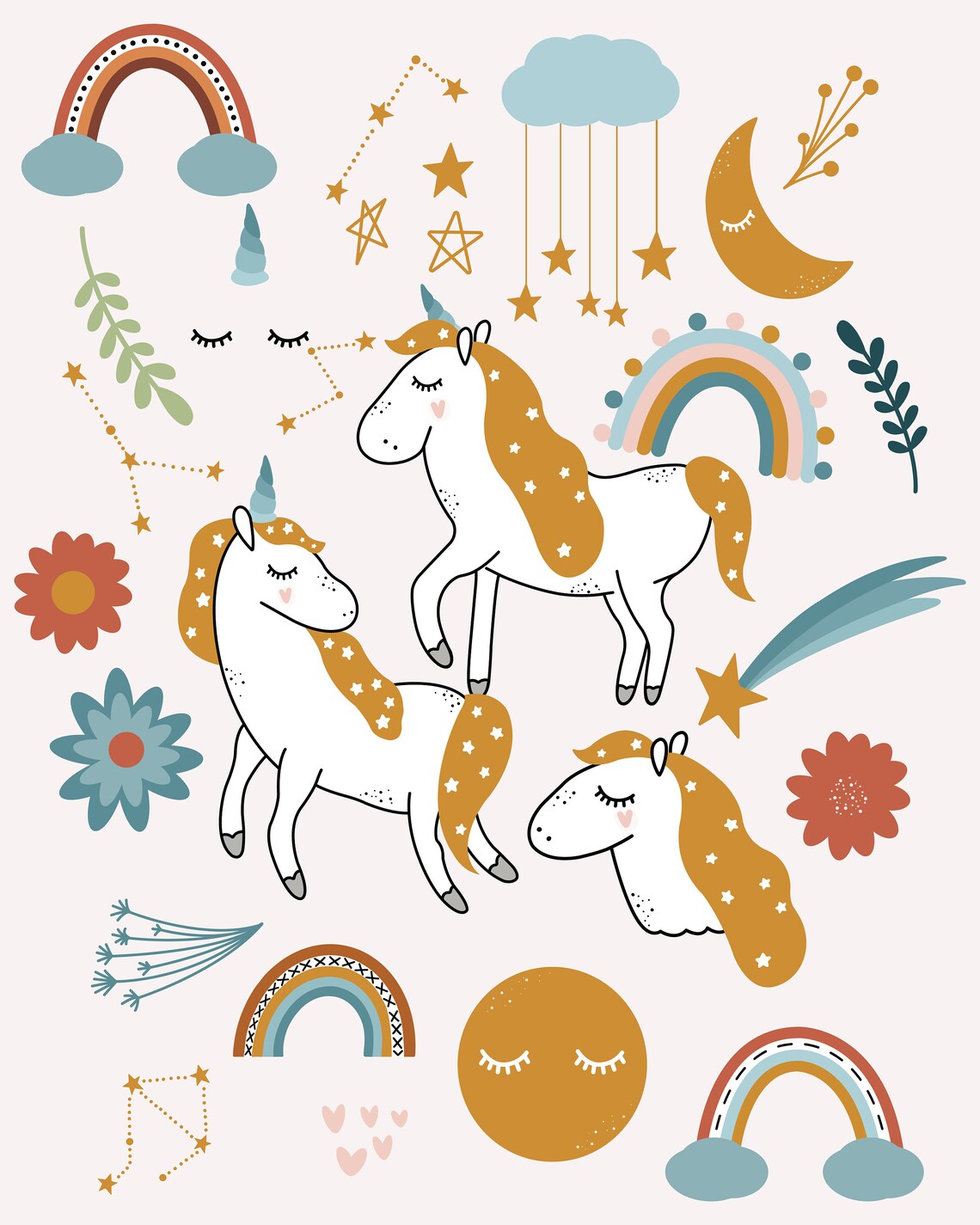 Clipart Set Boho Unicorn Rainbows Illustrations, Digital Clipart Boho ...