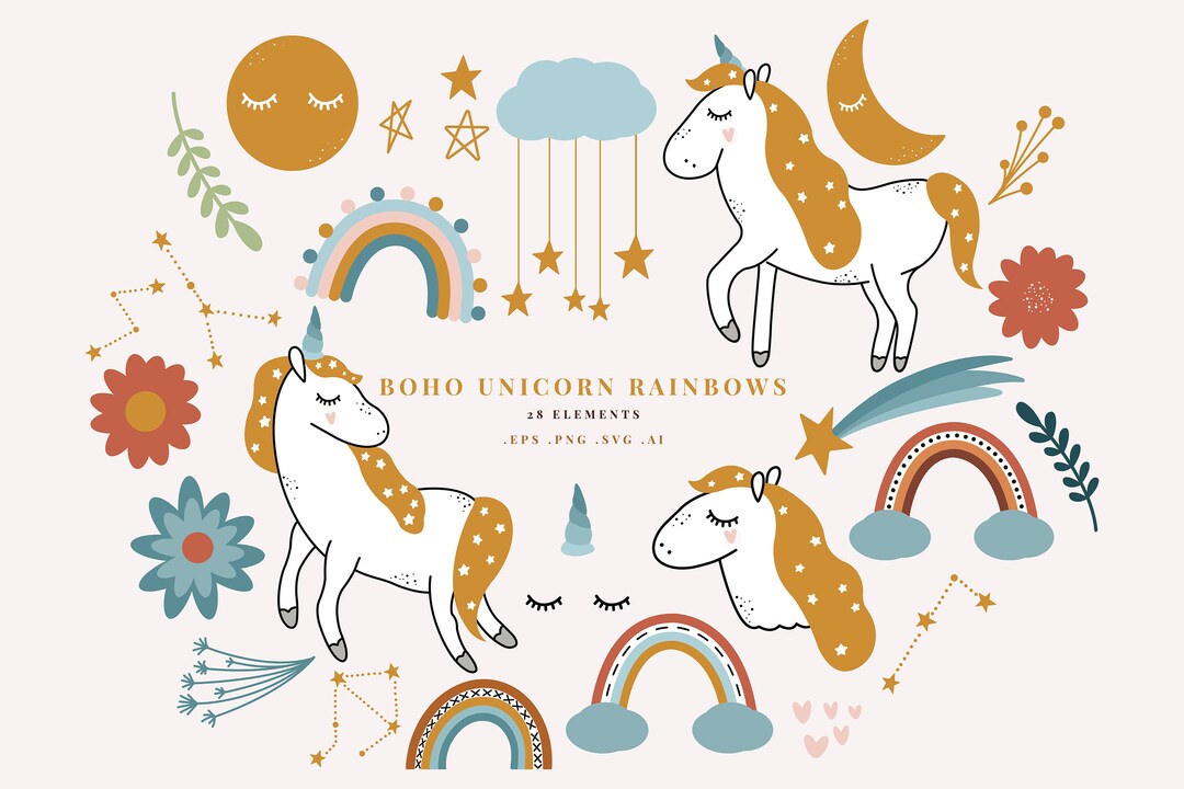 Clipart Set Boho Unicorn Rainbows Illustrations, Digital Clipart Boho ...