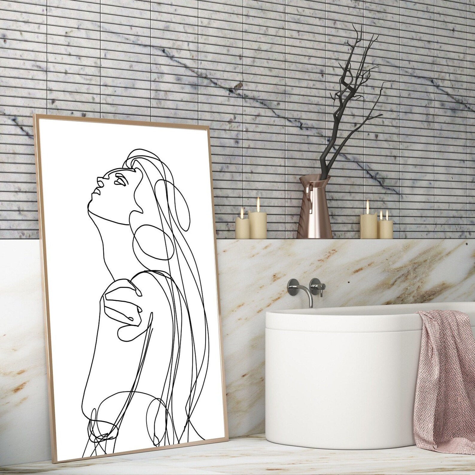 Female Portrait Line Drawing, Printable Drawing Wall Art, Bathroom Line ...