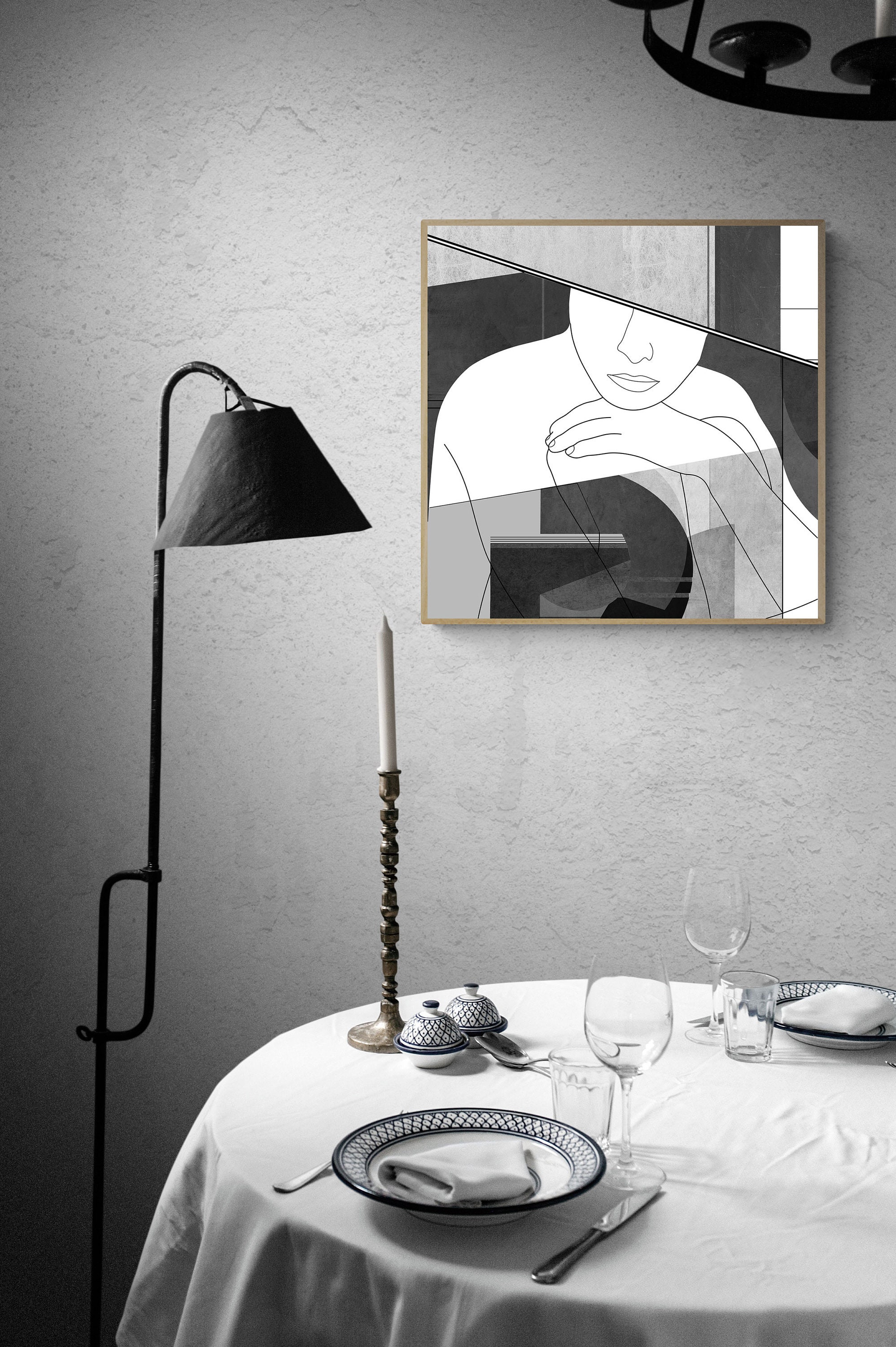 Human Figure Line Art Portrait on Abstract Background, Minimalist Line ...