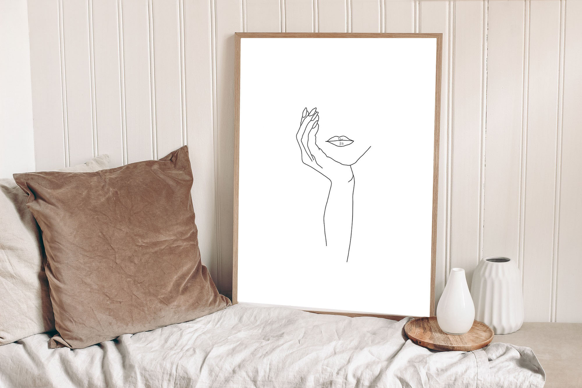 Hand and Face Minimalist Female Line Drawing, Black and White Minimal ...