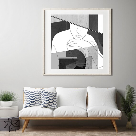 Human Figure Line Art Portrait on Abstract Background | Etsy