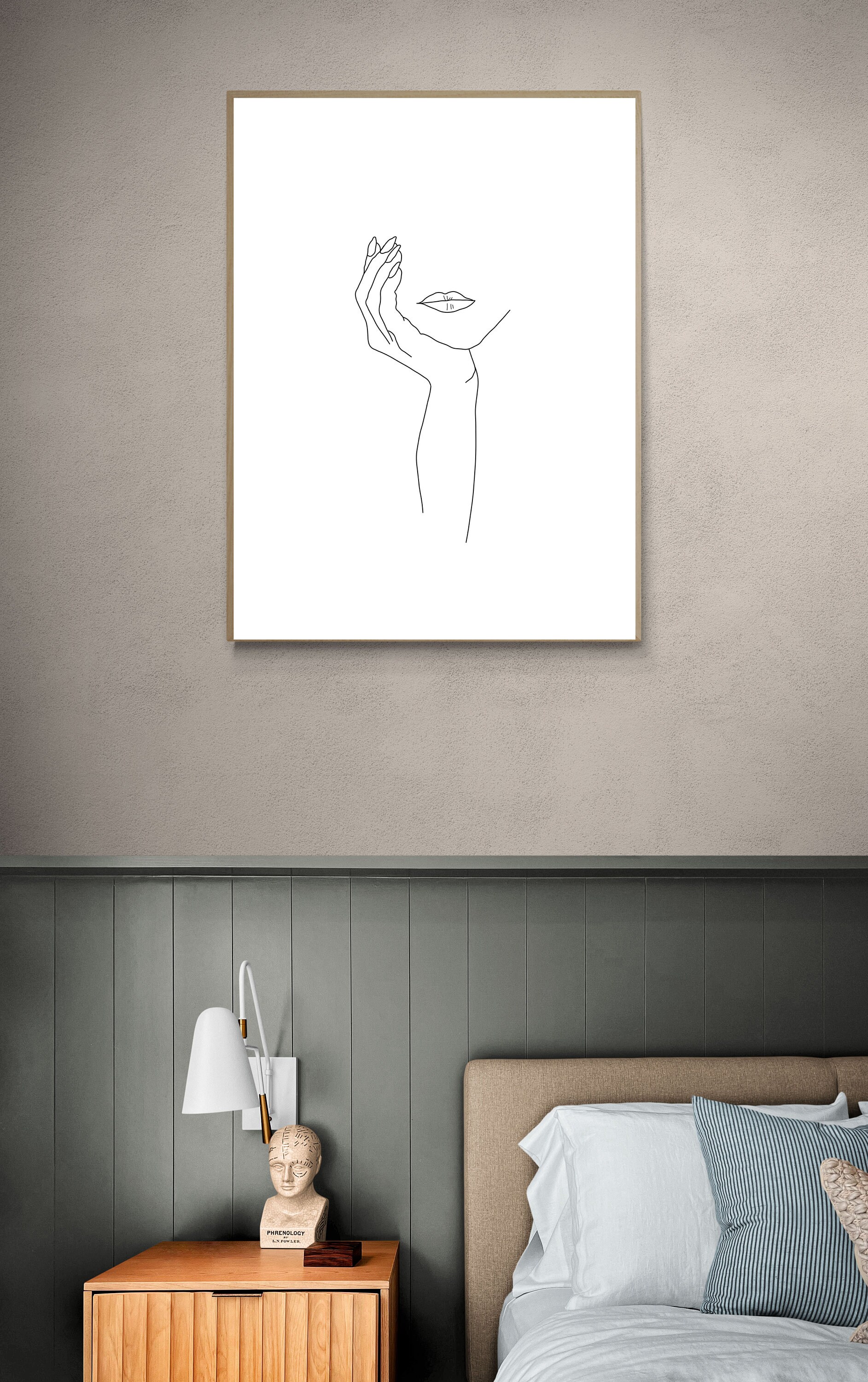 Hand and Face Minimalist Female Line Drawing, Black and White Minimal ...