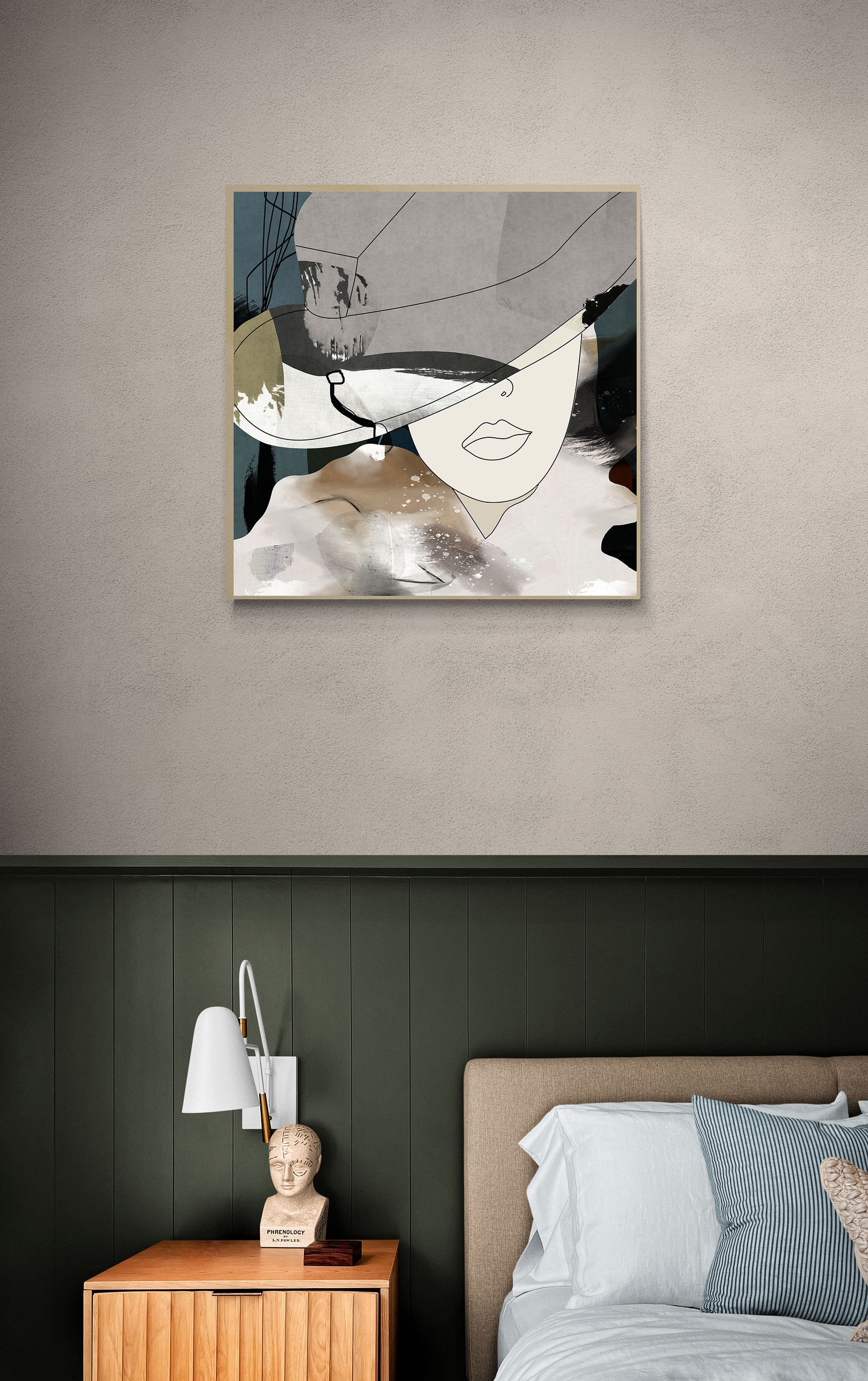 Woman With Hat Minimal Line Drawing on Abstract Background, Abstract ...