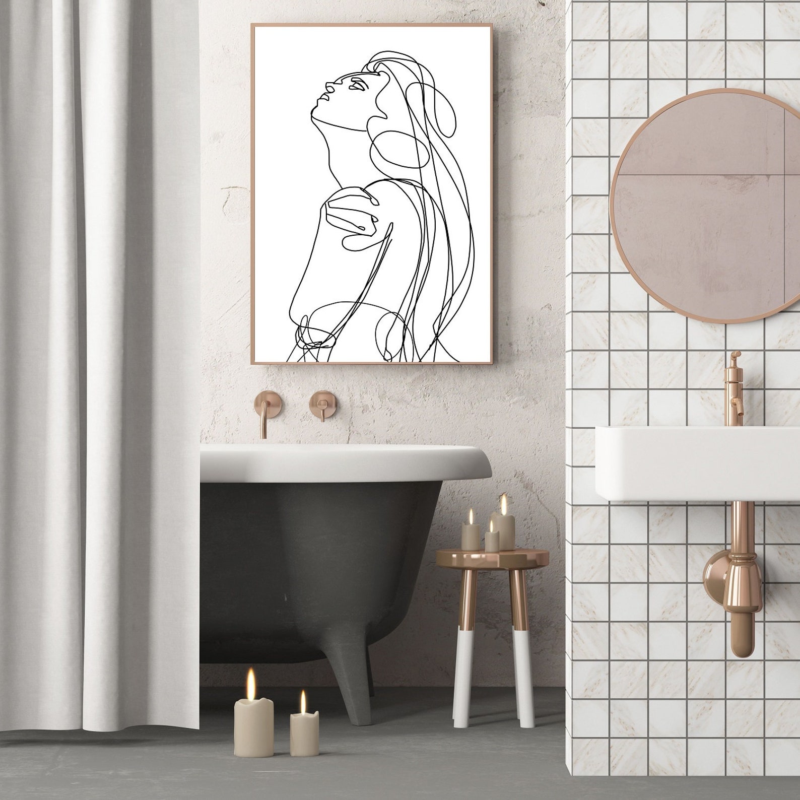 Female Portrait Line Drawing, Printable Drawing Wall Art, Bathroom Line ...
