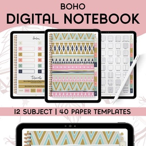 Boho Digital Notebook With 12 Hyperlinked Tabs, 12 Subjects Sections ...