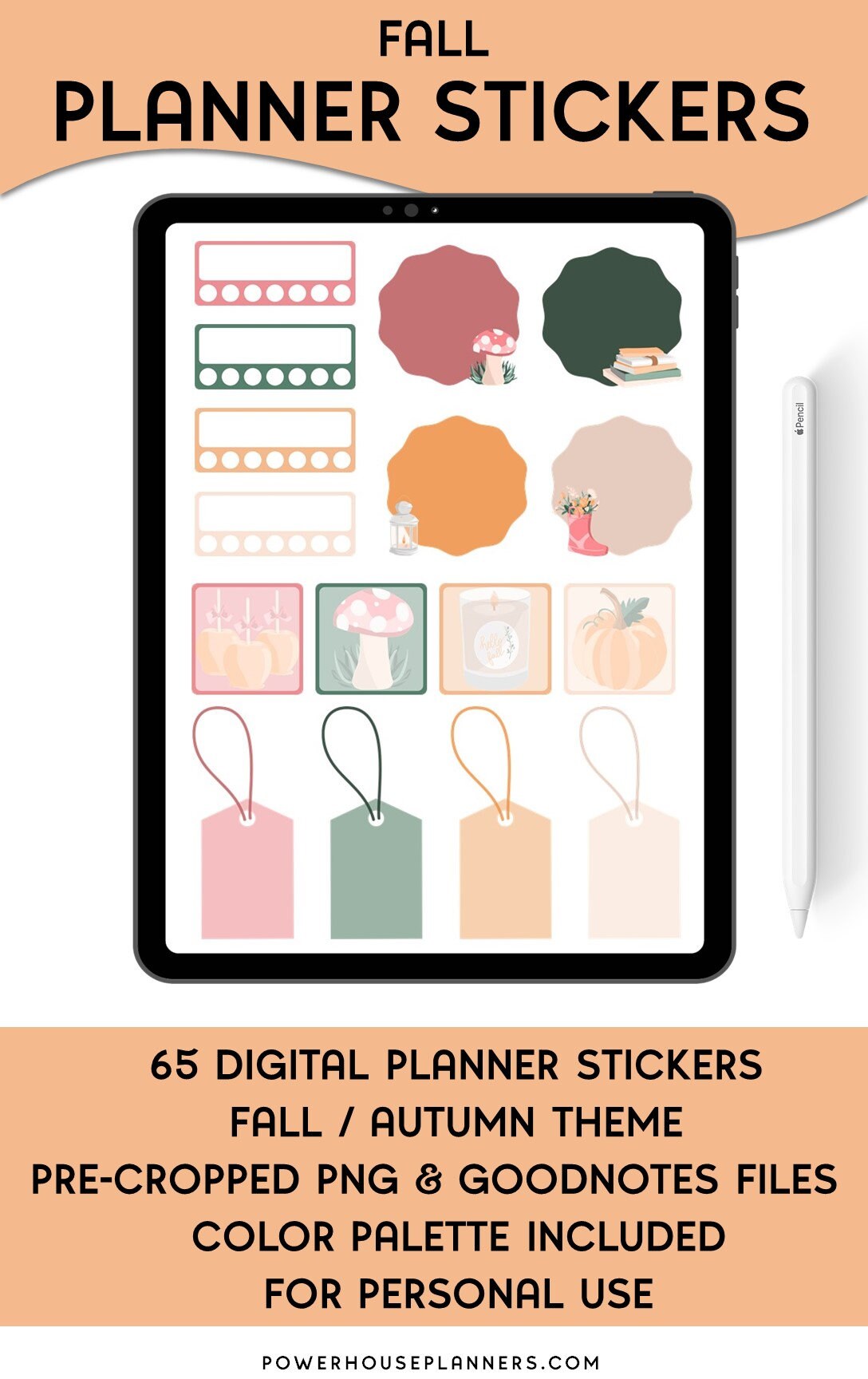 65 Fall Digital Planner Stickers, Autumn Planner Sticker Bundle, Ipad 