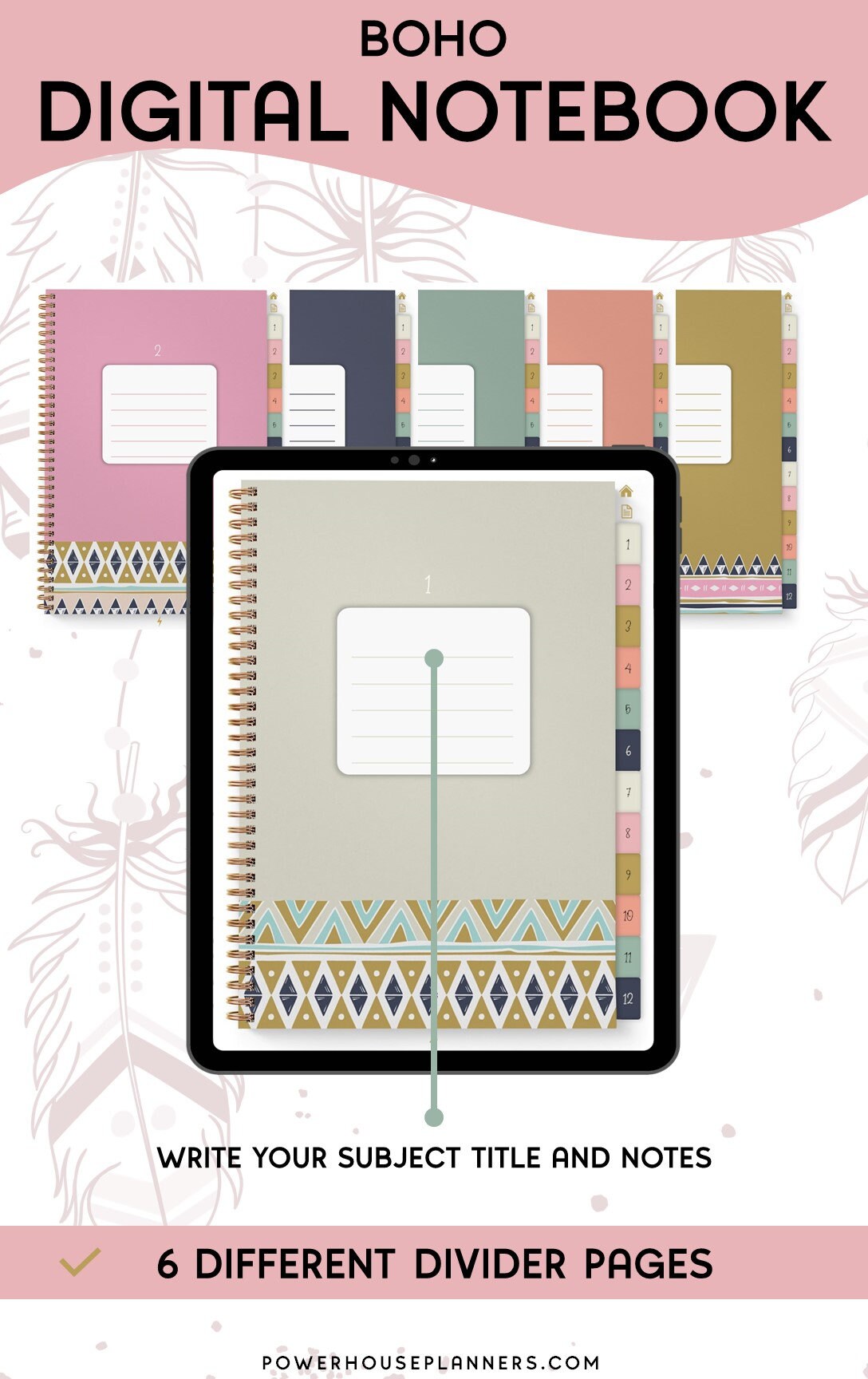 Boho Digital Notebook With 12 Hyperlinked Tabs, 12 Subjects Sections ...