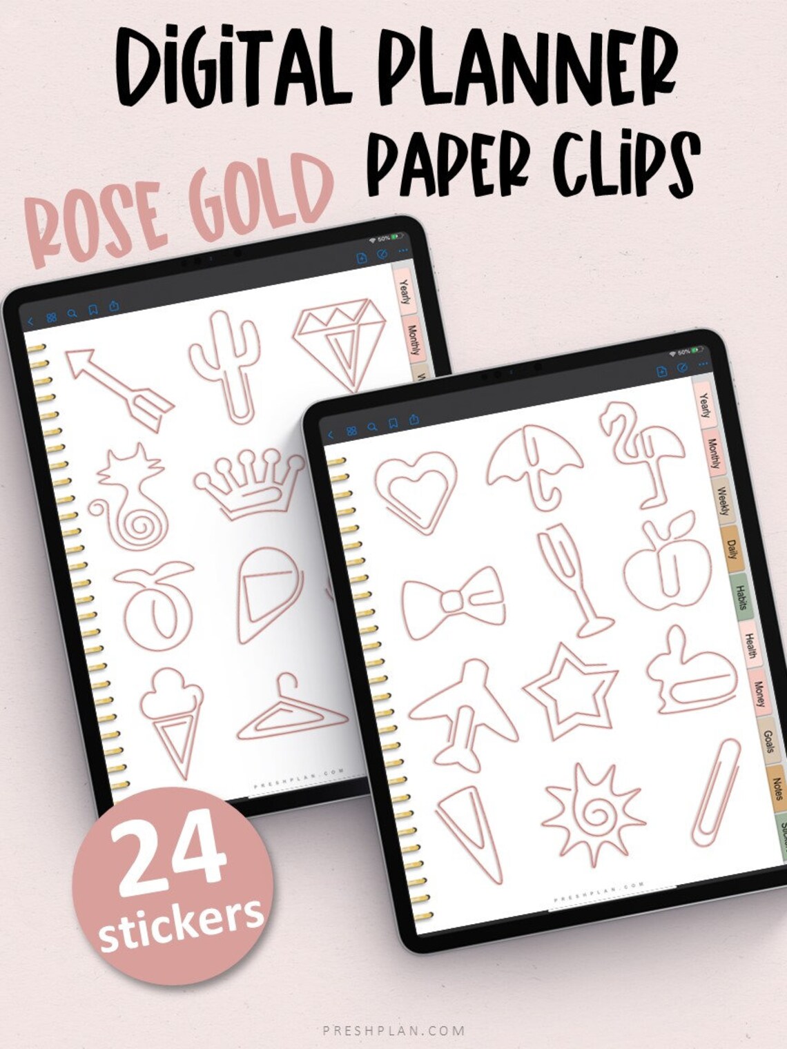Rose Gold Digital Paper Clips, Digital Planner Paperclips, Digital ...