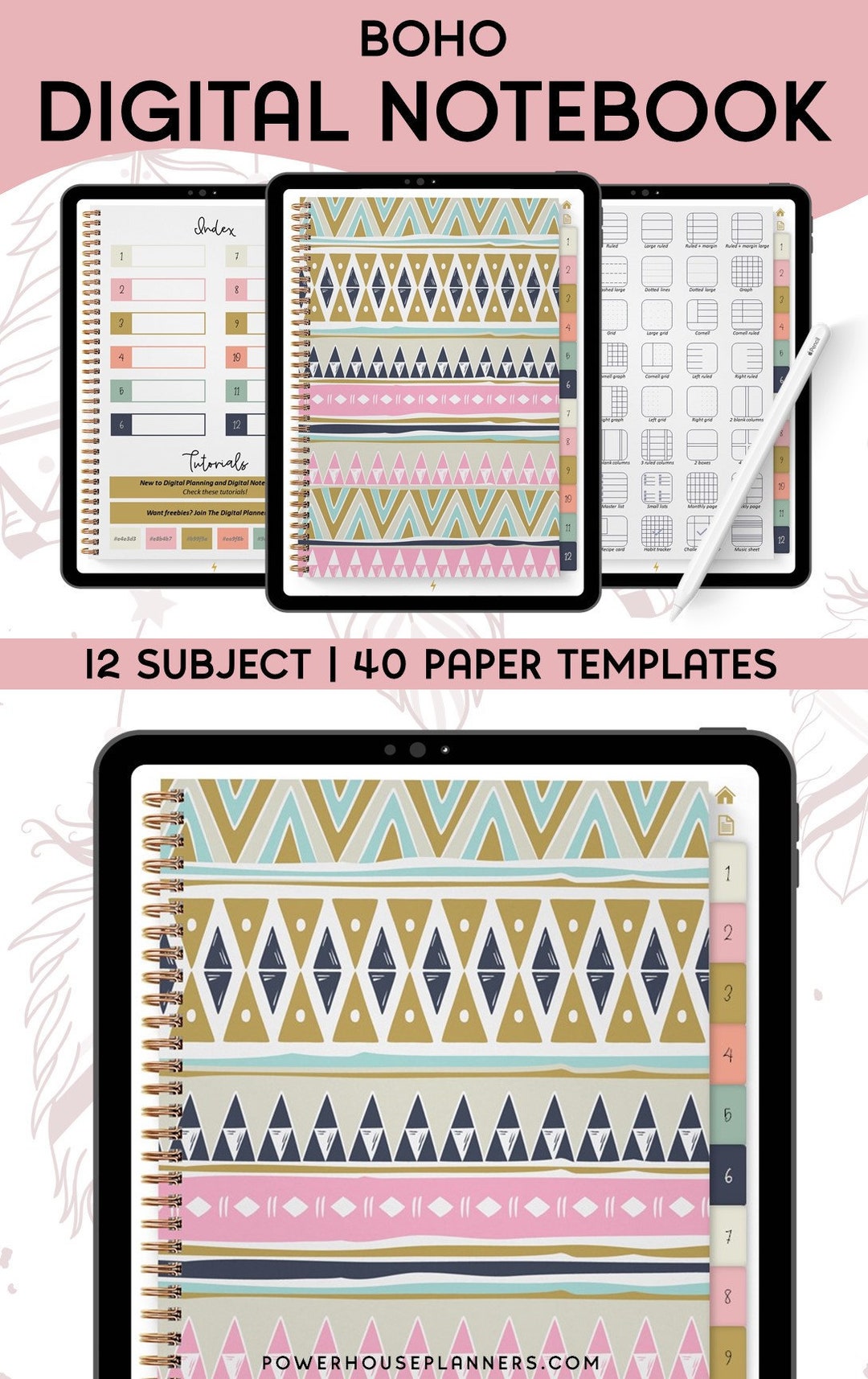 Boho Digital Notebook With 12 Hyperlinked Tabs, 12 Subjects Sections ...