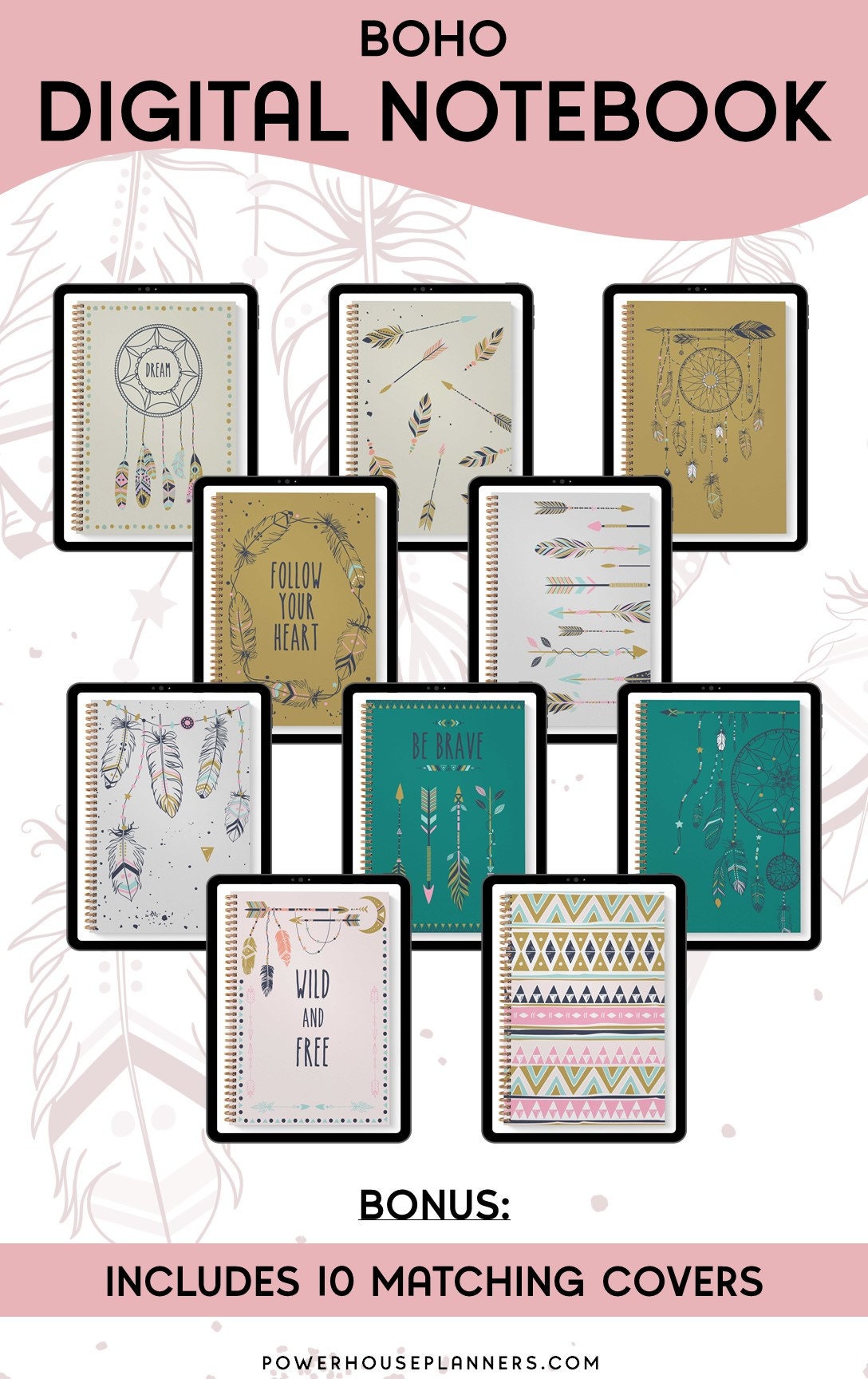 Boho Digital Notebook With 12 Hyperlinked Tabs, 12 Subjects Sections ...