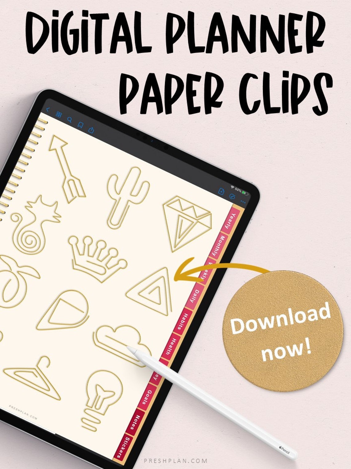 Gold Digital Paper Clips, Digital Planner Paperclips, Digital Clips ...