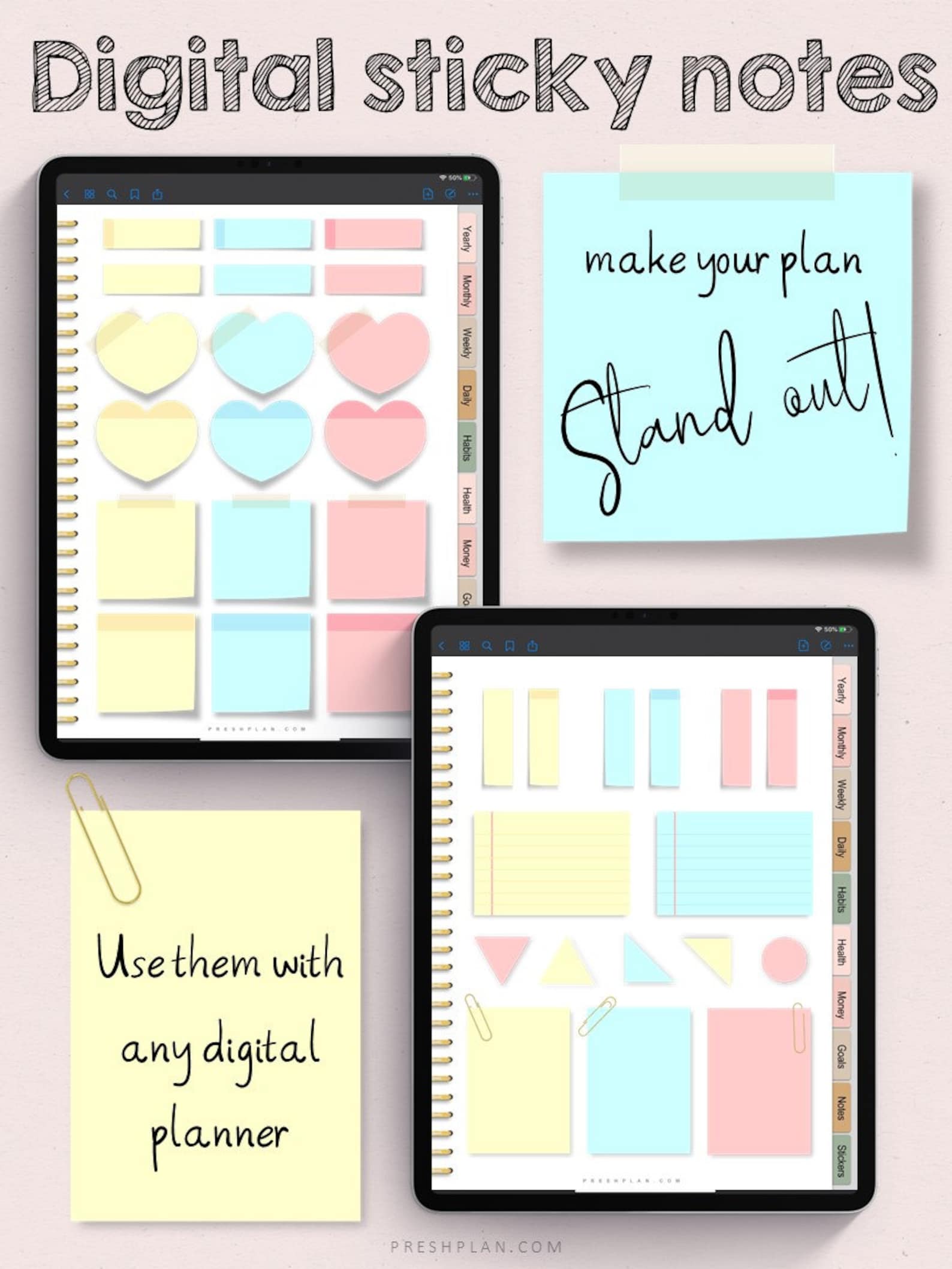 Digital Sticky Notes Stickers, Pastel Post It PNG Stickers for Digital ...