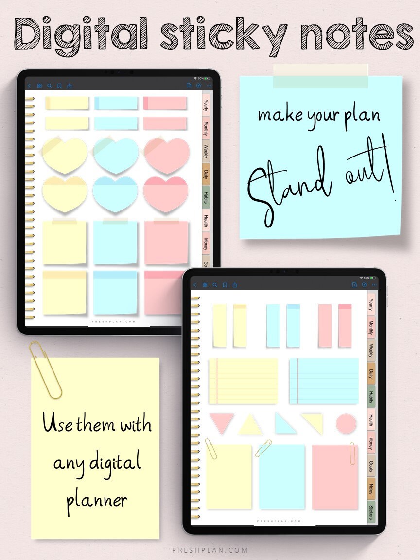 Digital Sticky Notes Stickers, Pastel Post It PNG Stickers for Digital ...