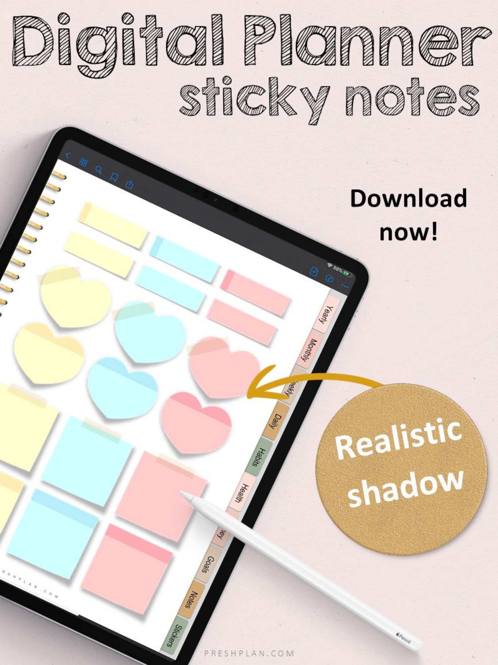 Digital Sticky Notes Stickers, Pastel Post It PNG Stickers for Digital ...