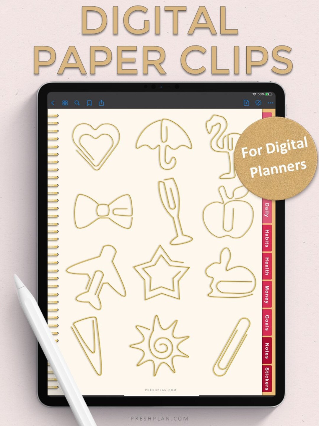 Gold Digital Paper Clips, Digital Planner Paperclips, Digital Clips ...
