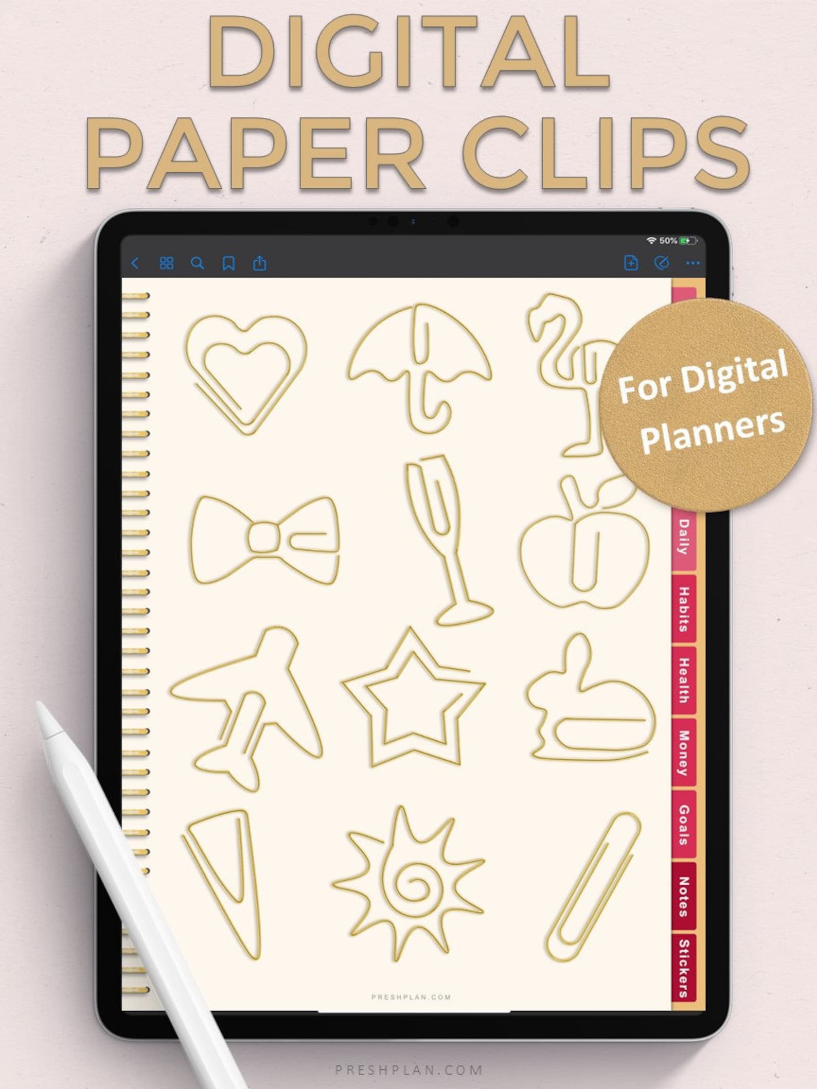 Gold Digital Paper Clips, Digital Planner Paperclips, Digital Clips ...