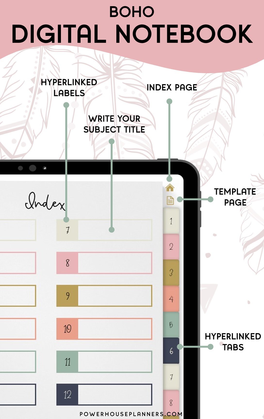 Boho Digital Notebook With 12 Hyperlinked Tabs, 12 Subjects Sections ...