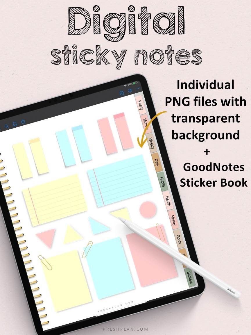 Digital Sticky Notes Stickers, Pastel Post It PNG Stickers for Digital ...