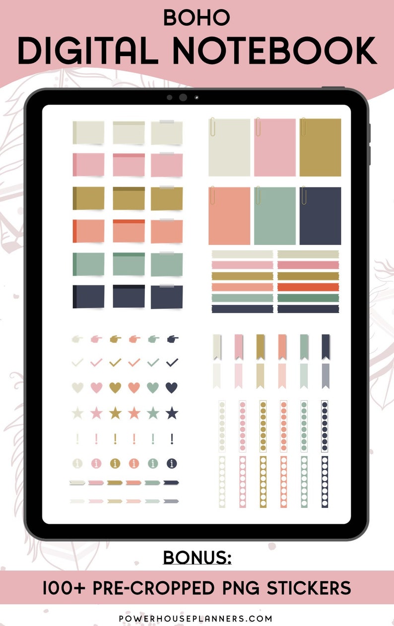 Boho Digital Notebook With 12 Hyperlinked Tabs, 12 Subjects Sections ...