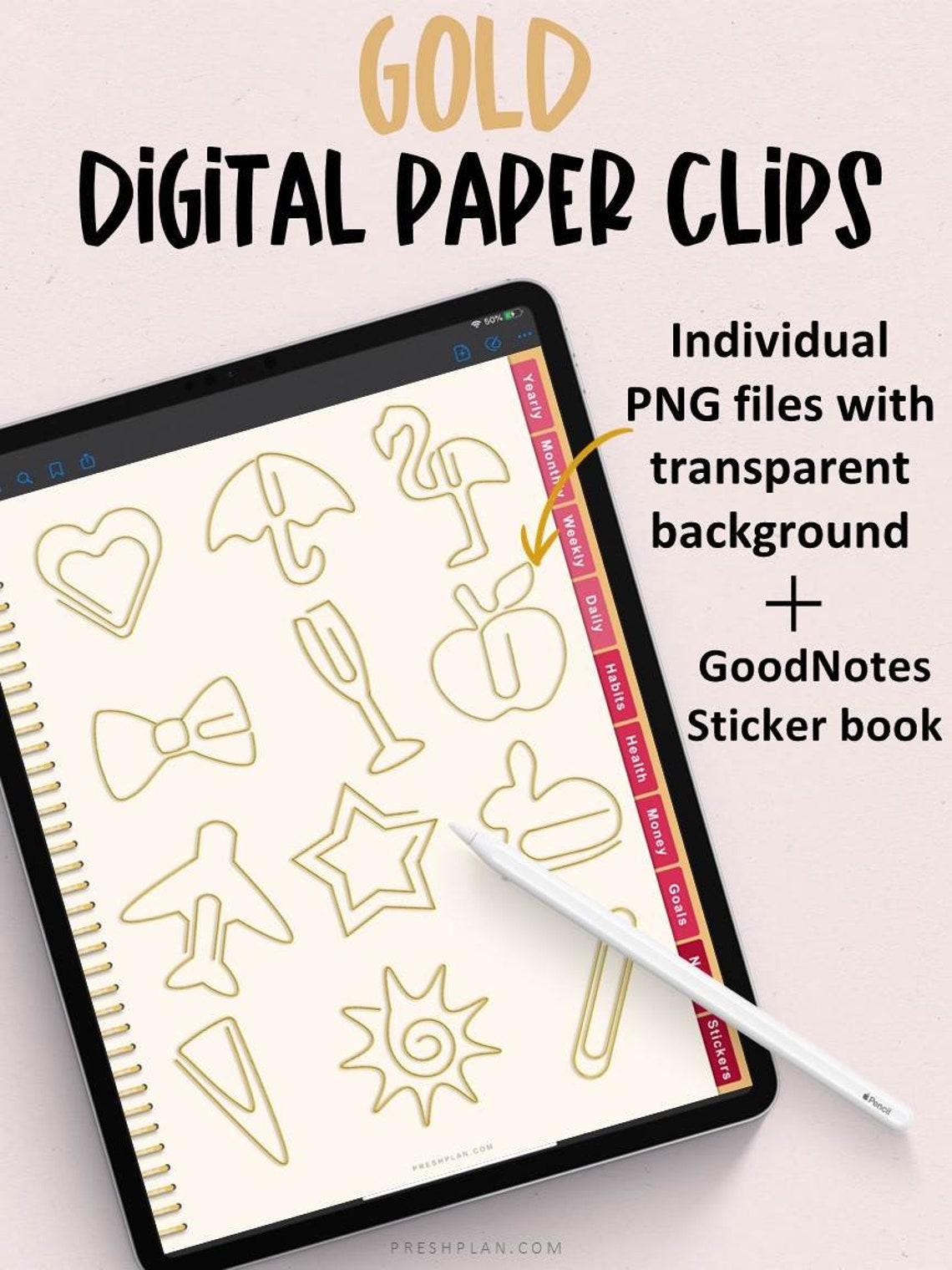 Gold Digital Paper Clips, Digital Planner Paperclips, Digital Clips ...