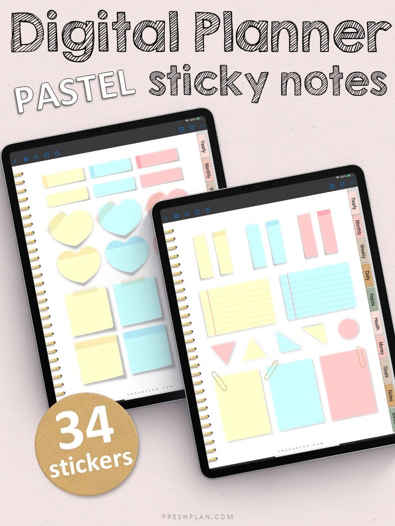 Digital Sticky Notes Stickers, Pastel Post It PNG Stickers for Digital ...