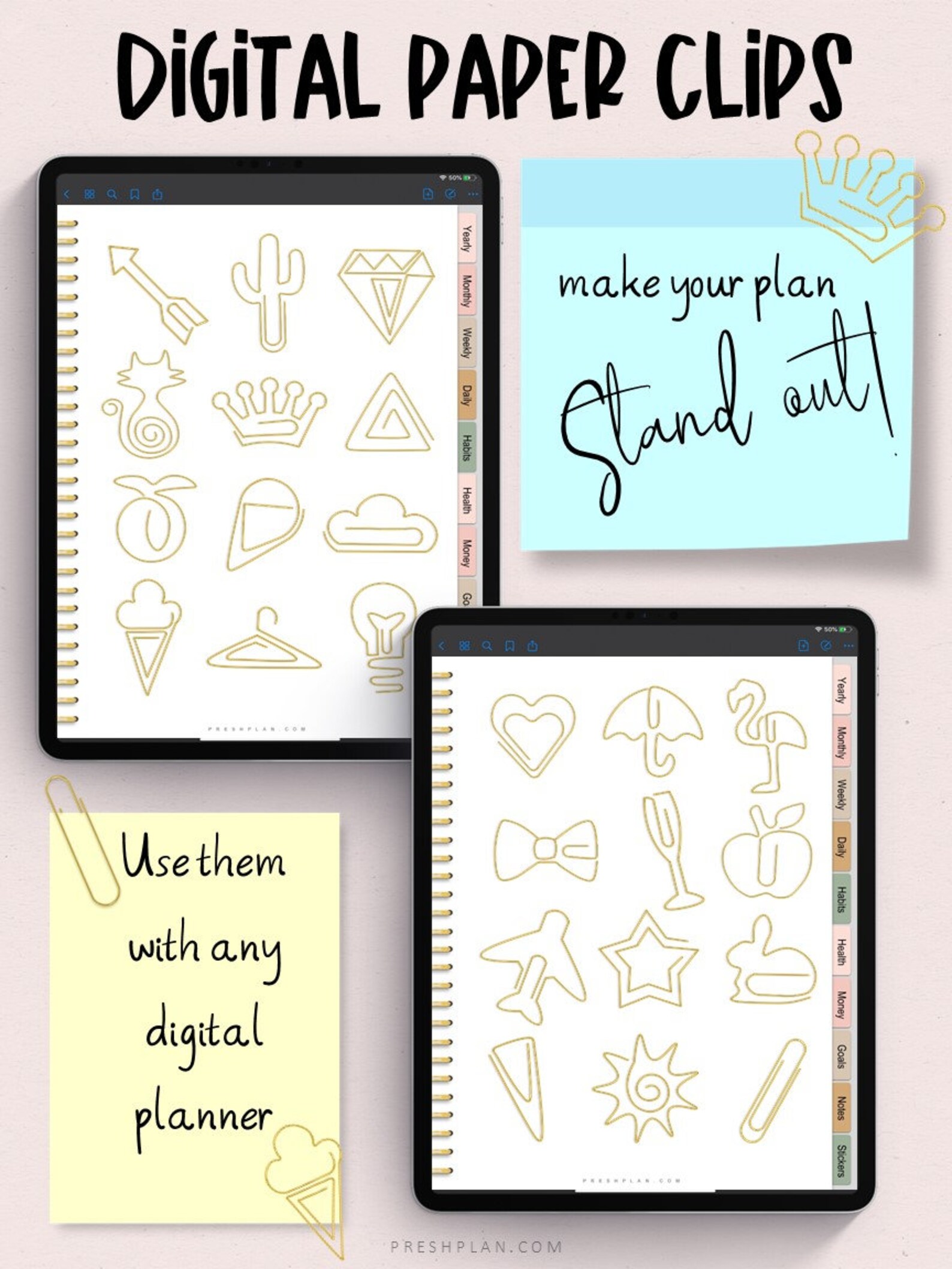 Gold Digital Paper Clips, Digital Planner Paperclips, Digital Clips ...
