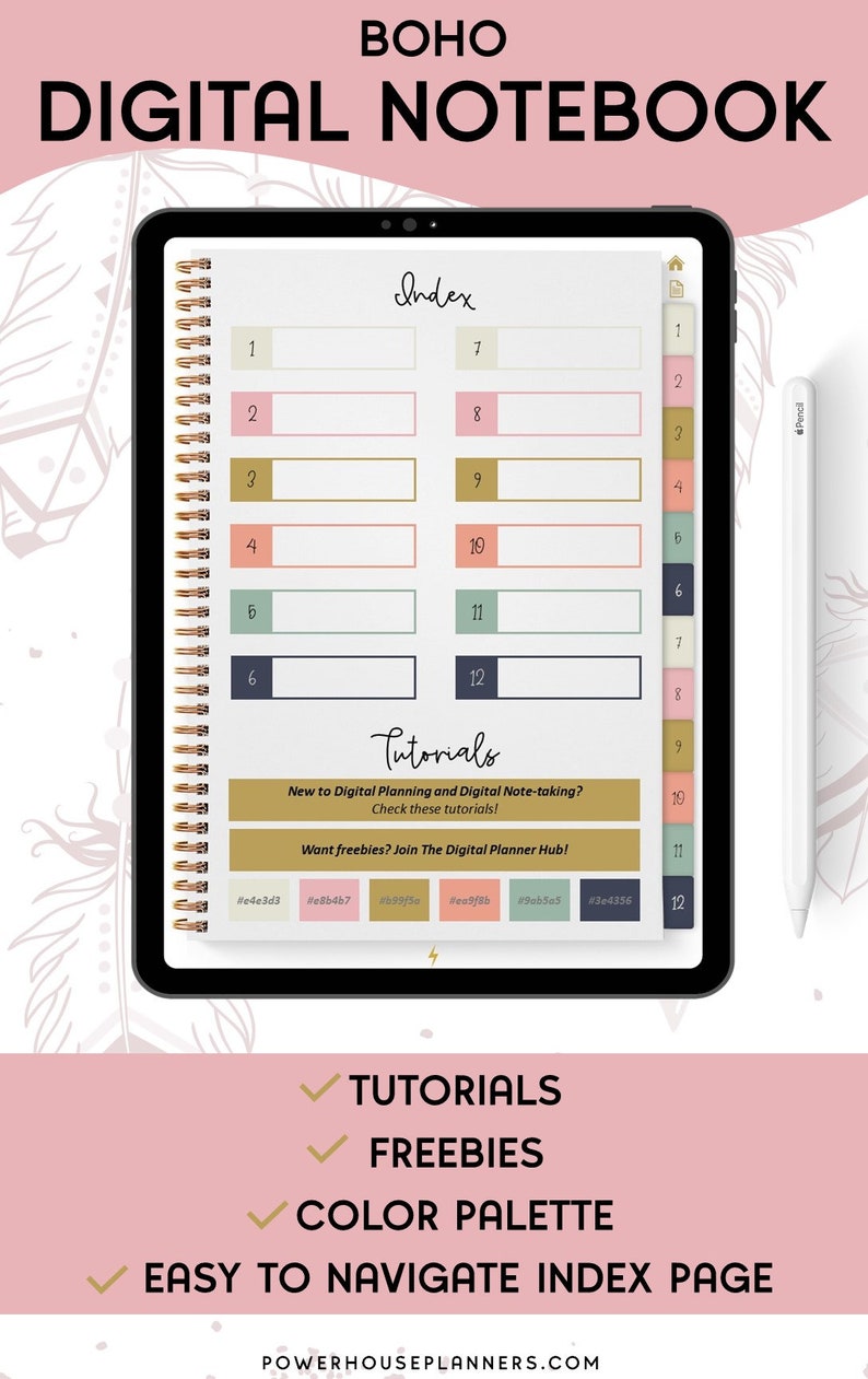 Boho Digital Notebook With 12 Hyperlinked Tabs, 12 Subjects Sections ...