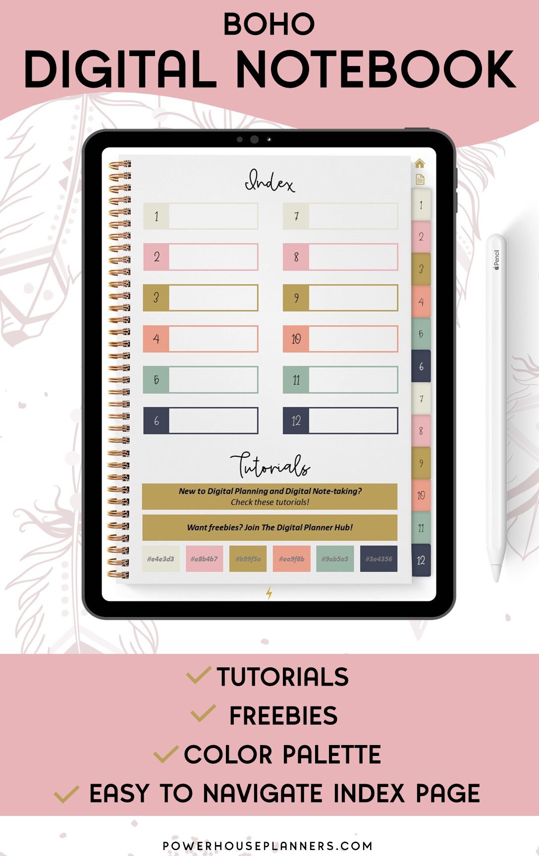 Boho Digital Notebook With 12 Hyperlinked Tabs, 12 Subjects Sections ...