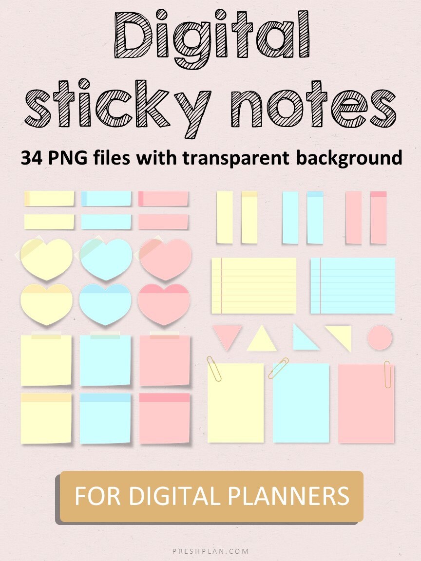 Digital Sticky Notes Stickers, Pastel Post It PNG Stickers for Digital ...