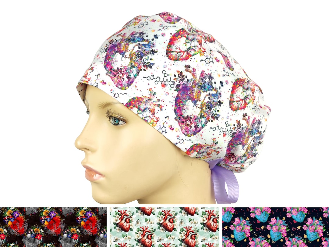 Cardiac Scrub Caps for Women, Ponytail Surgical Nurse Hats, Anatomy ...