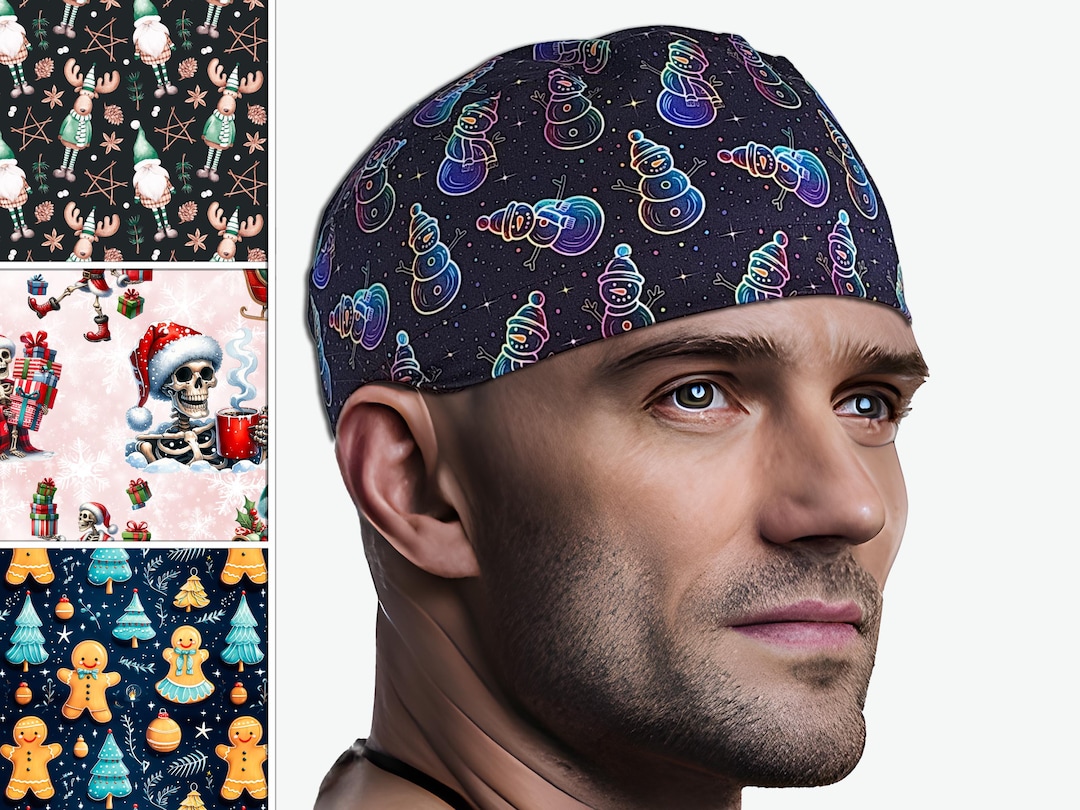 Christmas Man Scrub Hat, Unisex Surgical Cap, Winter Funny Scrub Caps ...