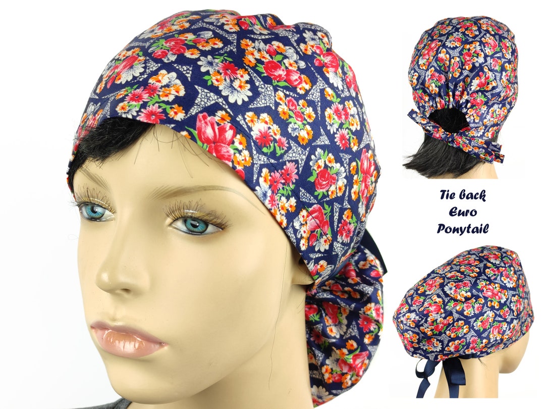 Navy Blue Surgery Cap With Tiny Tulips, Floral Ponytail Scrub Cap ...