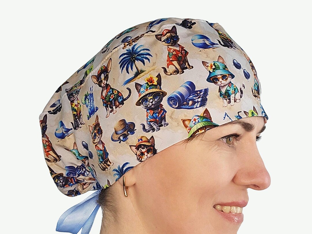 Tropical Cats Scrub Cap, Summer Ponytail Surgical Hat, Cat Lover Scrub ...