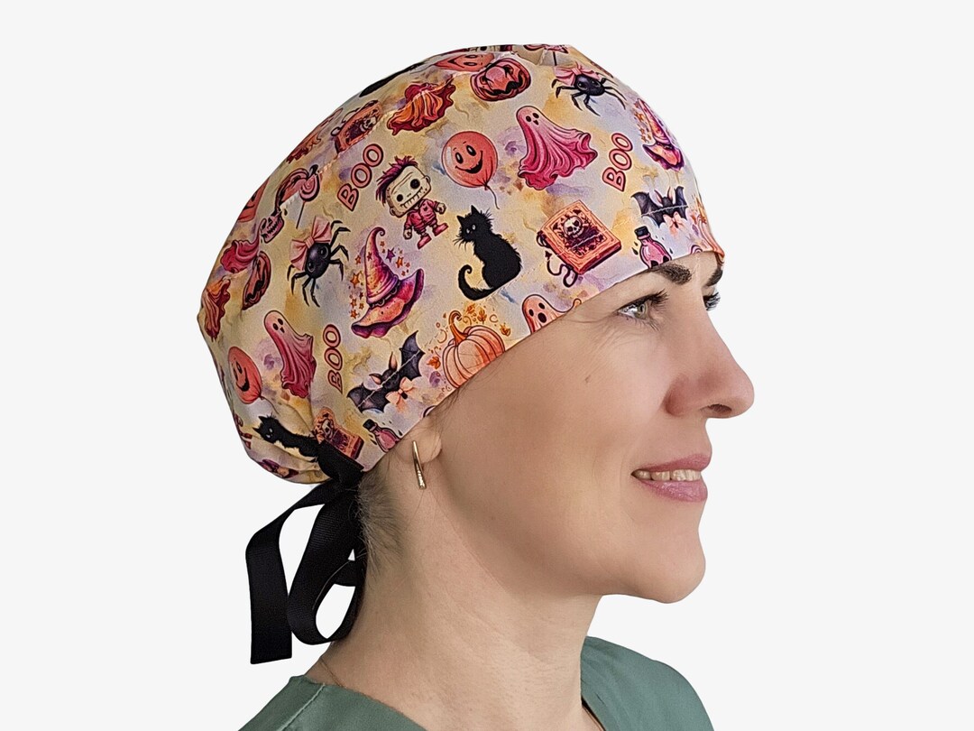 Pink Halloween Scrub Cap for Women, Nurses Surgery Hat, Surgical Cap ...