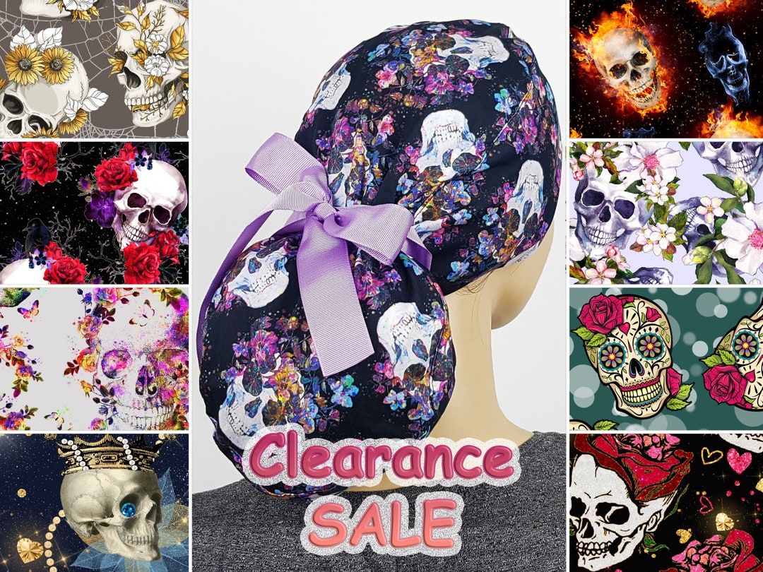 Skull Ponytail Scrub Caps Women, Clearance Sale, Surgical Cap, Nurse ...