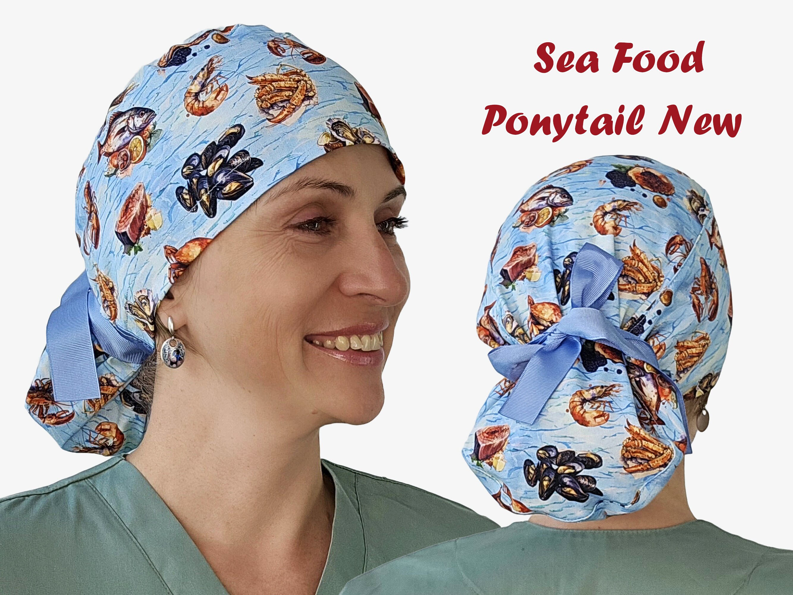 Scrub Cap With Sea Food, Ponytail Surgical Hat, Marine Chefs Hat - Etsy