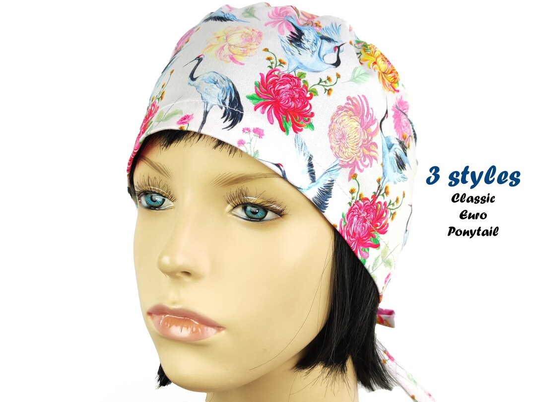 Japanese Crane and Flower Print Scrub Caps: Add Elegance and Beauty to ...