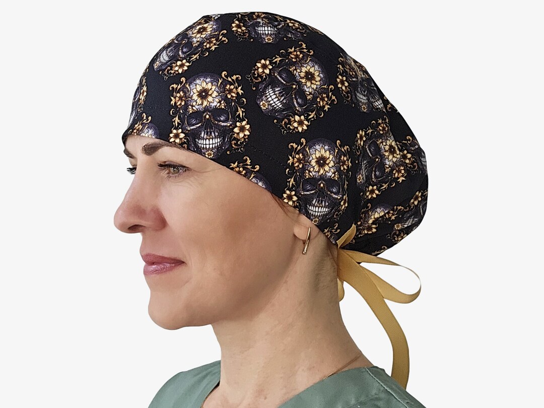 Skull Scrub Cap Woman, Floral Surgical Hat, Euro Surgery Cap, Stretchy ...