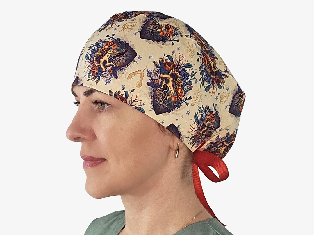 Cardiac Surgical Hat, Women Scrub Cap Ponytail, Floral Anatomy Heart ...