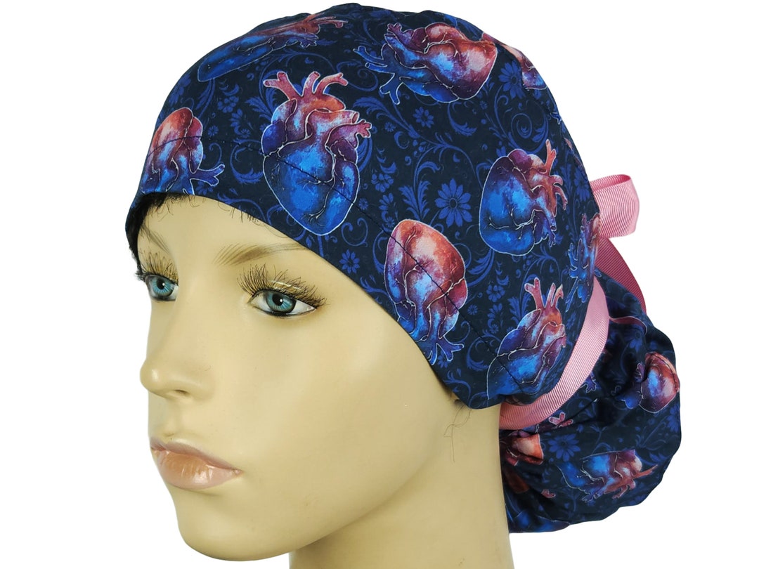 Anatomy Heart Scrub Caps for Women, Surgical Hat Ponytail, Cardiology ...