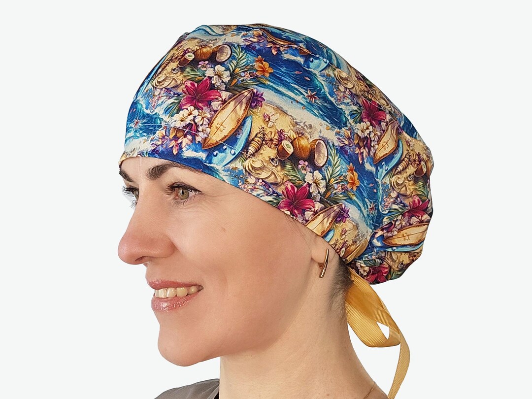 Tropical Summer Scrub Cap, Surfboard Ocean Vibes Surgical Hat, Hawaii ...
