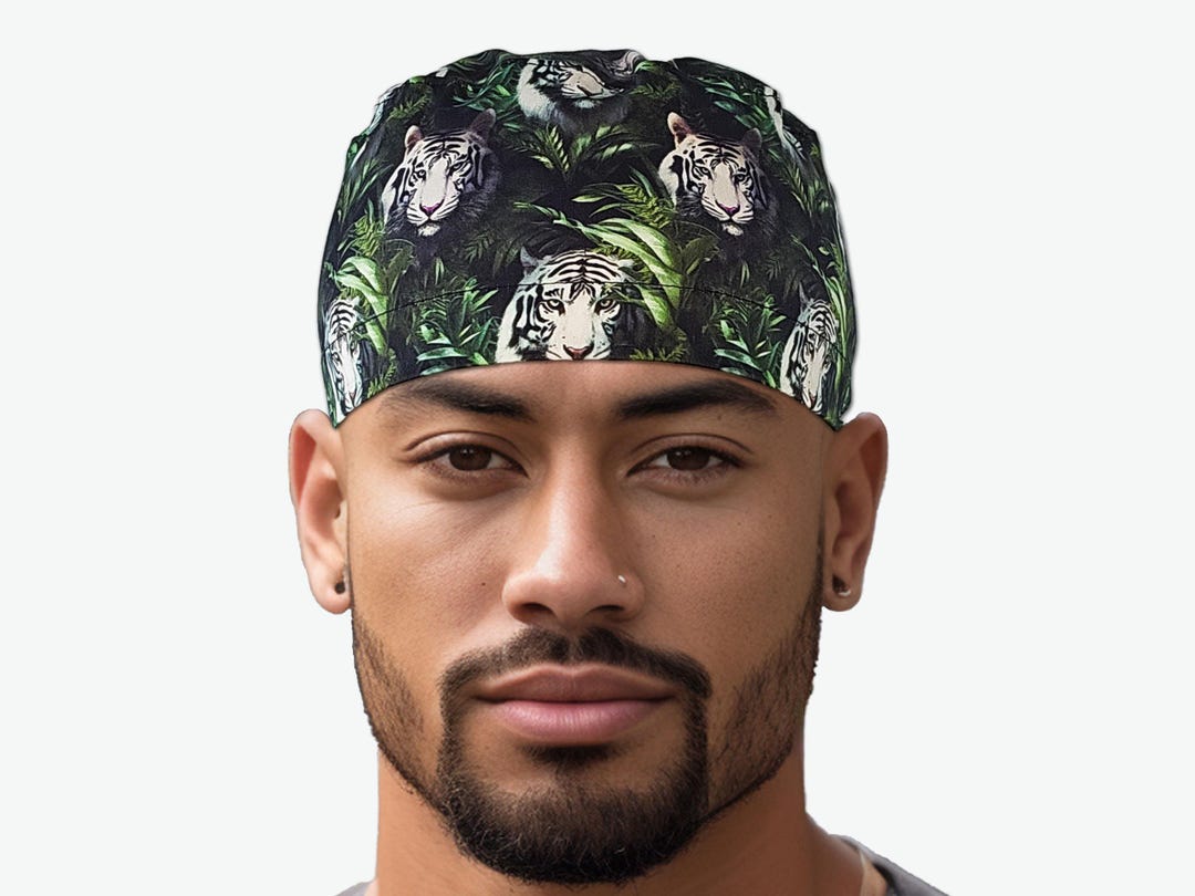 Tiger Print Man Scrub Cap, Unisex Tie Back Surgical Hat With Buttons - Etsy